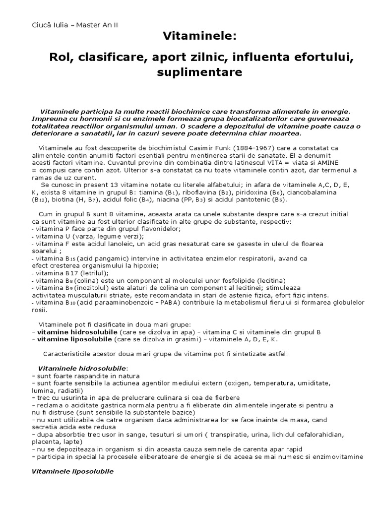 Vitaminele Rol, Clasificare, Aport Zilnic, Influenta Efortului, Suplimentare | PDF