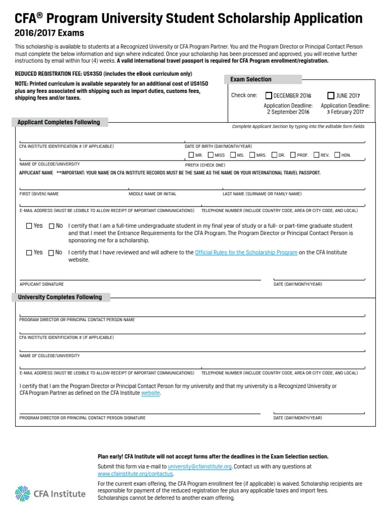 CFA Scholarship Form June | Fee | Email