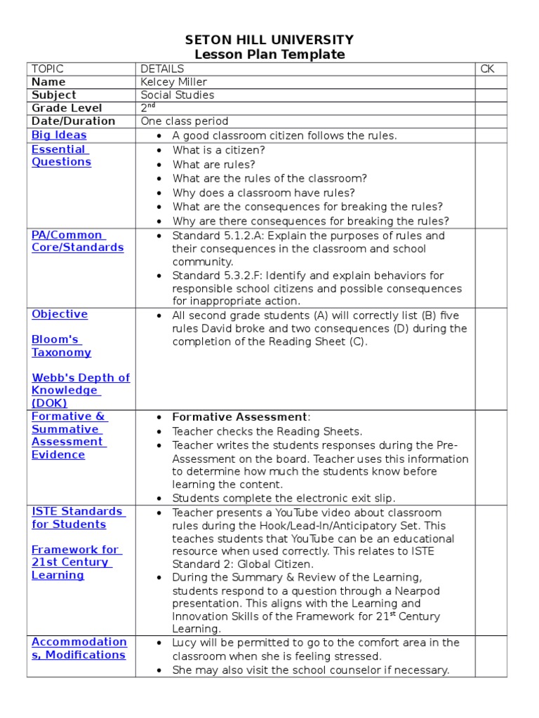 Seton Hill University Lesson Plan Template: Name Subject Grade Level ...