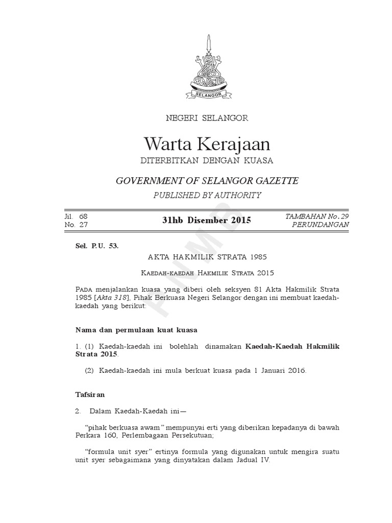 Kaedah Kaedah Strata Selangor 2015 | PDF