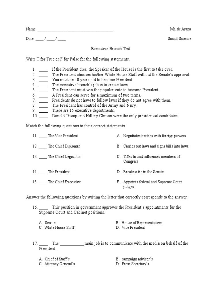 Executive Branch Test | PDF | Presidents Of The United States ...