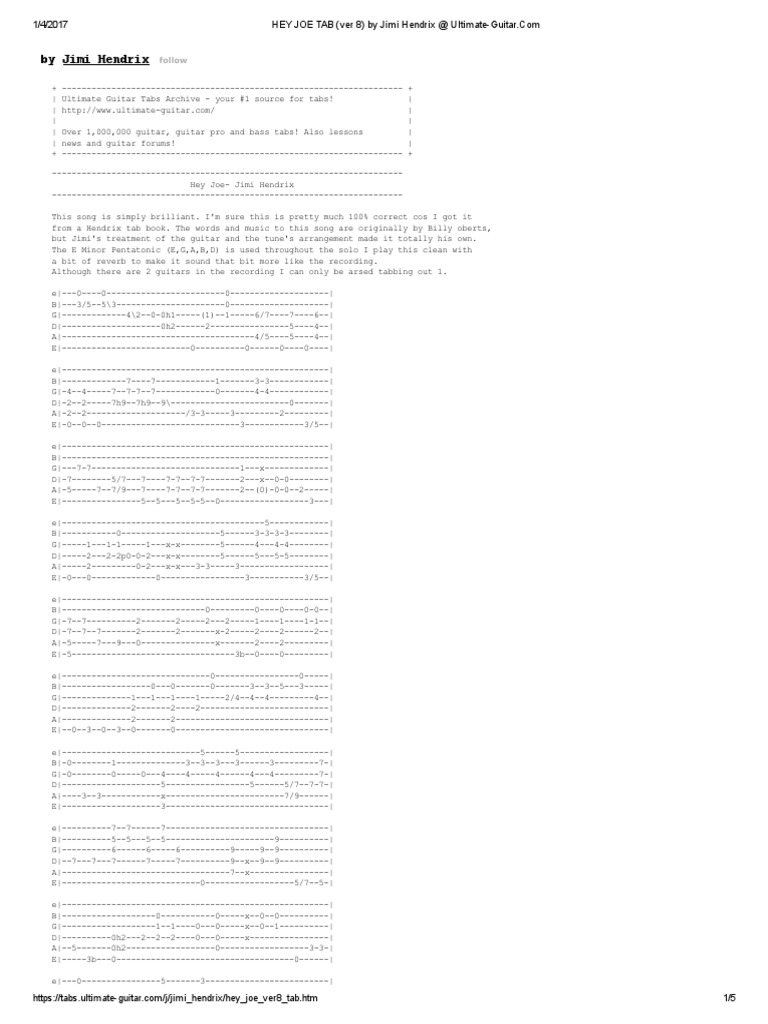HEY JOE TAB (Ver 8) by Jimi Hendrix at Ultimate-Guitar | PDF | Guitar ...