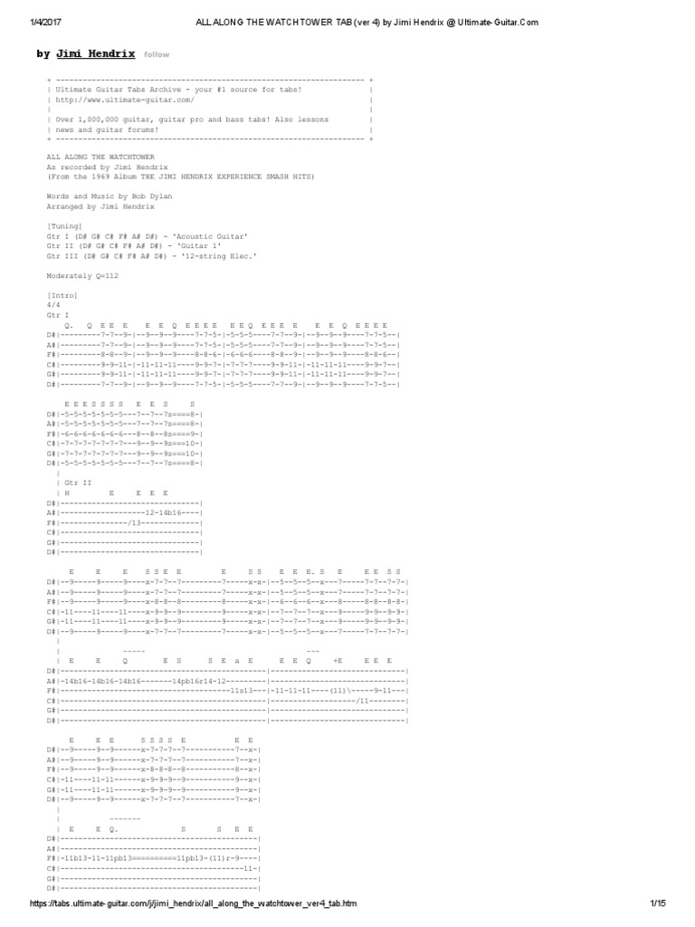 All Along The Watchtower Tab (Ver 4) by Jimi Hendrix at Ultimate-Guitar ...