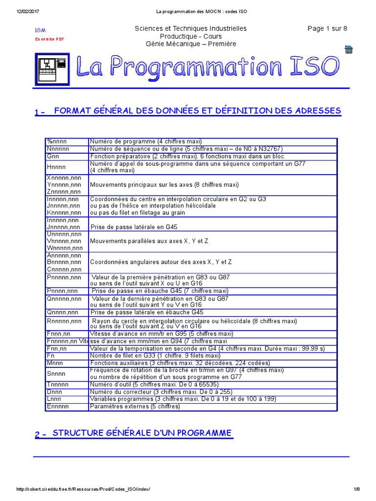 La Programmation Des MOCN - Codes ISO PDF | PDF | Machine-outil à commande numérique | Processus ...