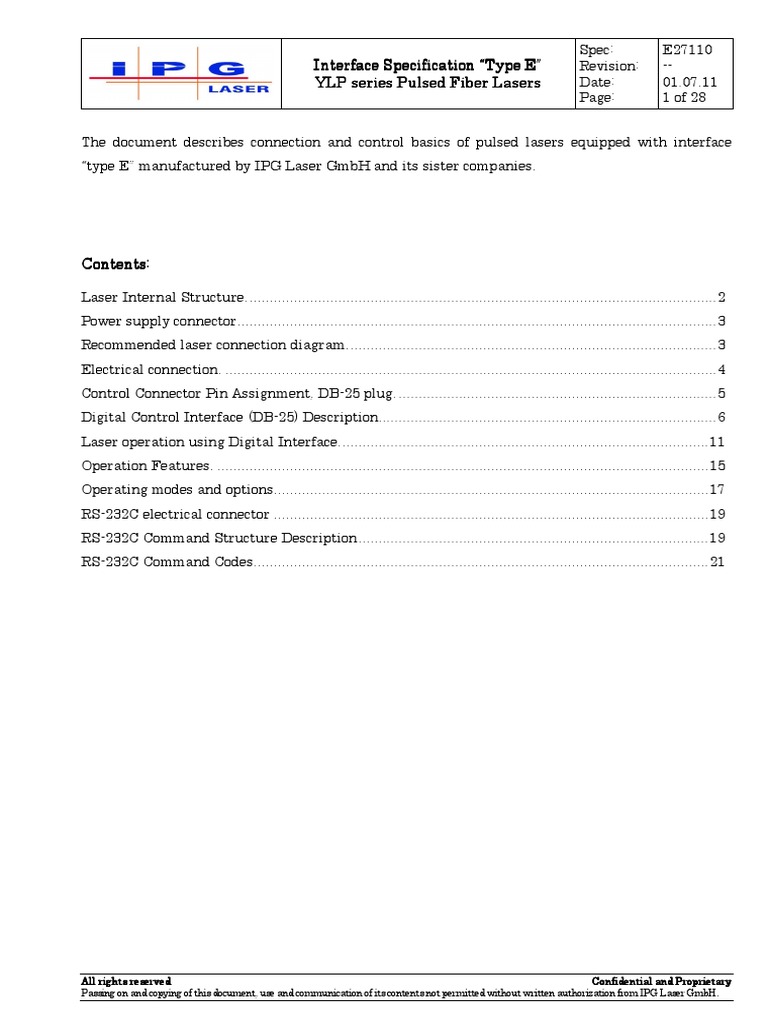 IPG Interface Specification 110701 YLP Series Type E PDF | PDF | Laser ...