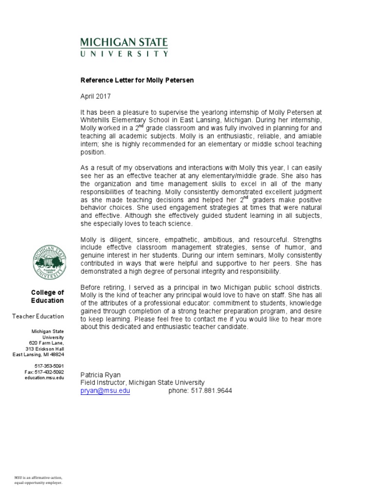 Molly Petersen Reference Letter PDF | PDF | Michigan State University ...