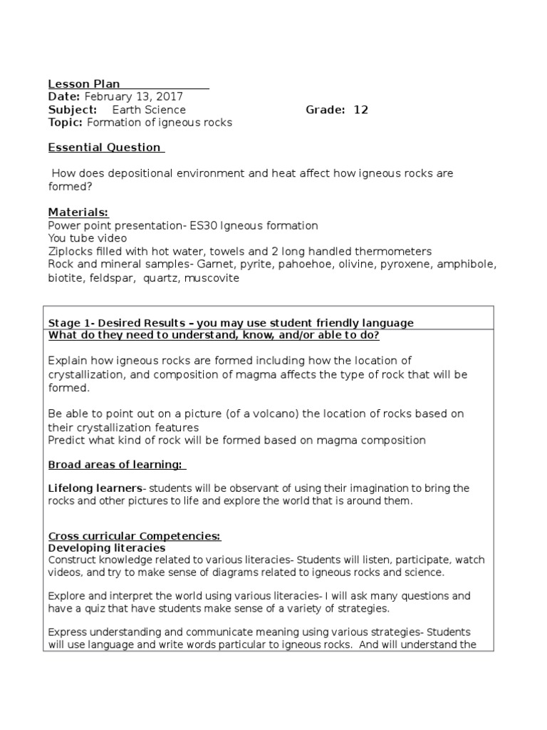 Igneous Rocks Formation Lesson Plan | PDF | Rock (Geology) | Igneous Rock