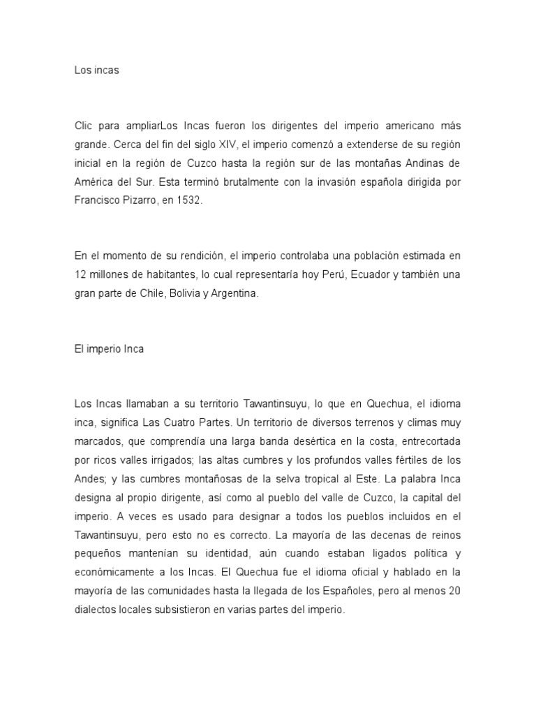 Los Incas Resumen | PDF | Imperio Inca | Cultura (general)