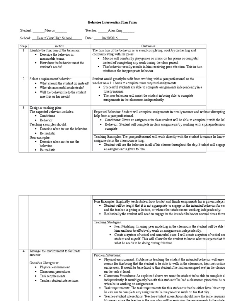 Behavior Intervention Plan | PDF | Classroom | Teachers