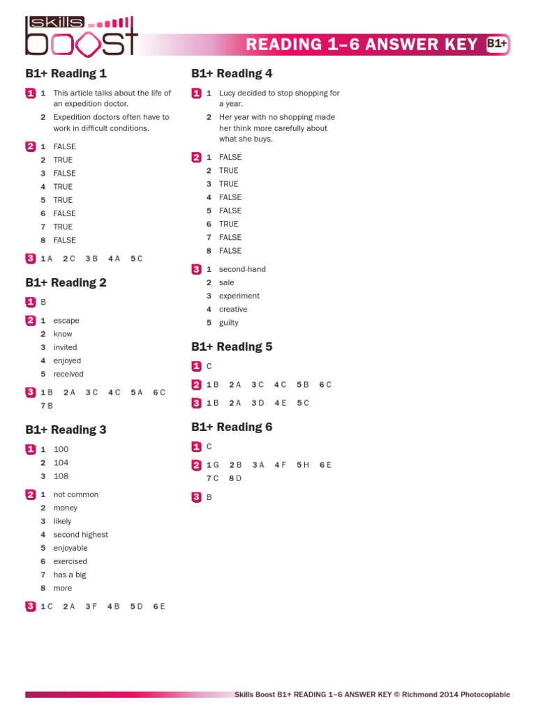 B1+ Reading Answer Key 1-6 | PDF