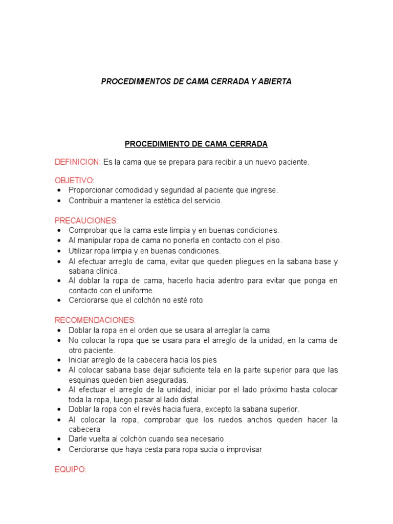 Procedimiento de Cama Cerrada y Abierta I | PDF | Colchón | Violencia