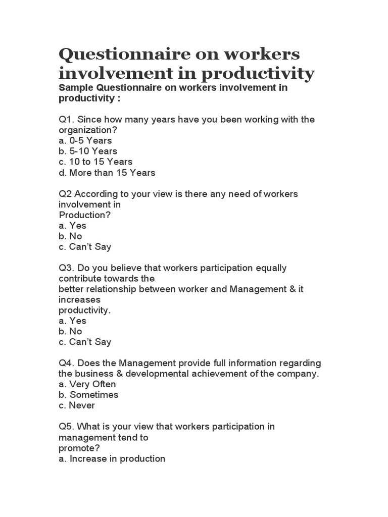 Questionnaire On Workers Involvement in Productivity | PDF ...