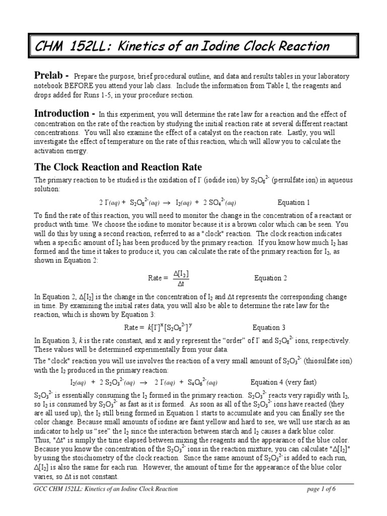 Iodine Clock Reaction Kinetics Lab Guide | PDF | Chemical Kinetics ...