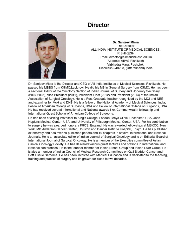 Brief Profile of Dr Sanjeev Misra Director Aiims Rishikesh | Doctor Of ...