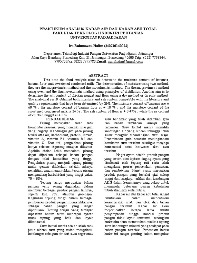 Jurnal Praktikum Analisis Kadar Air Dan Kadar Abu Total | PDF Jurnal Praktikum Analisis Kadar Air Dan Kadar Abu Total | PDF