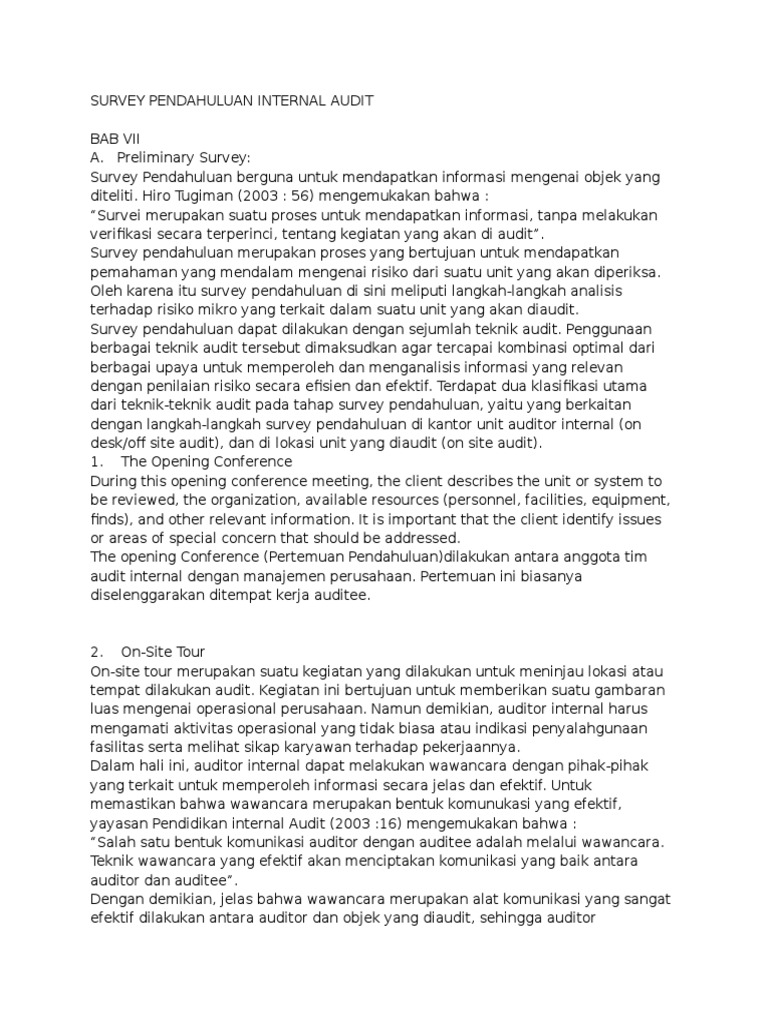 Survey Pendahuluan Internal Audit | PDF