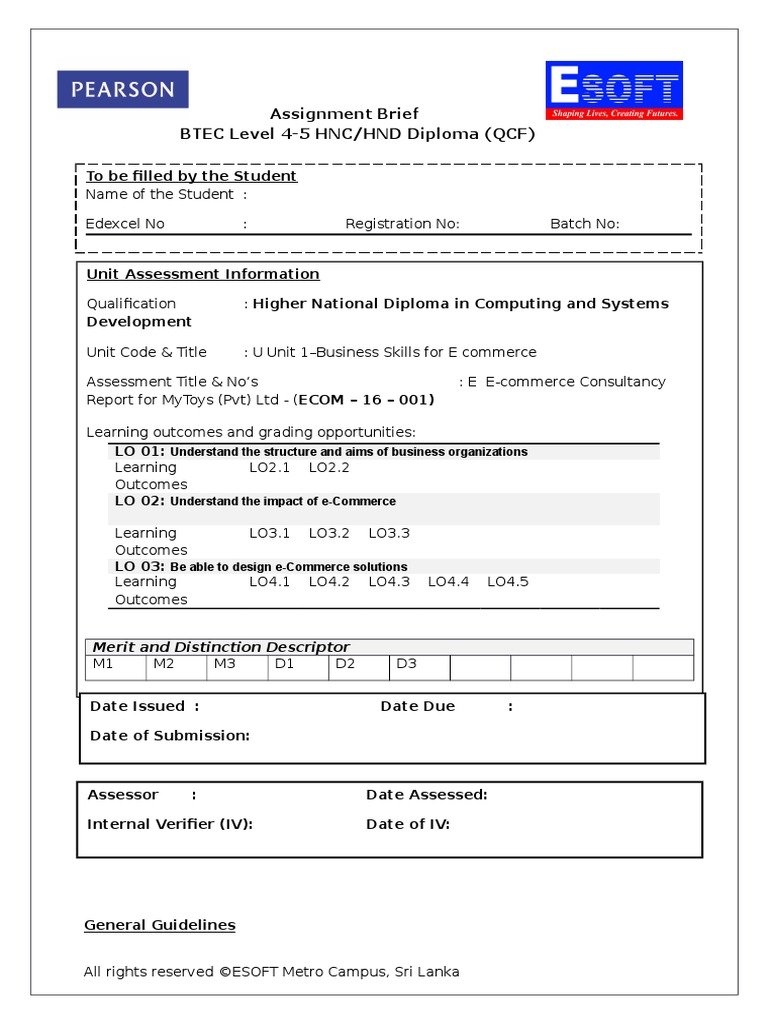 Assignment Brief BTEC Level 4-5 HNC/HND Diploma (QCF) : To Be Filled by The Student | PDF | E ...