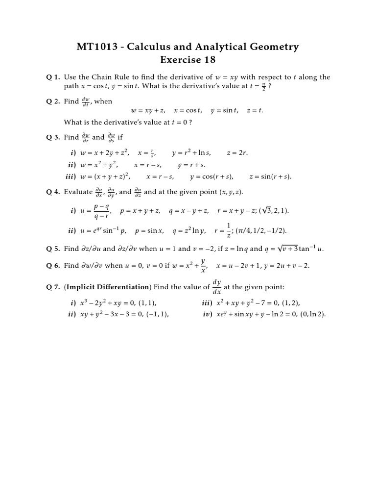 MT1013 - Calculus and Analytical Geometry Exercise 18 | PDF