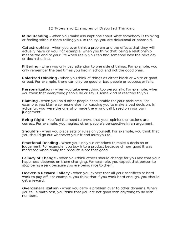 12 Types And Examples Of Distorted Thinking Pdf