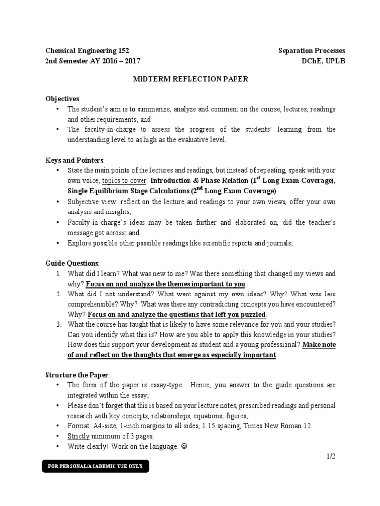 Midterm Reflection Paper ChE 152 2nd Sem AY 2016 2017 | Download Free ... Midterm Reflection Paper ChE 152 2nd Sem AY 2016 2017 | Download Free ...