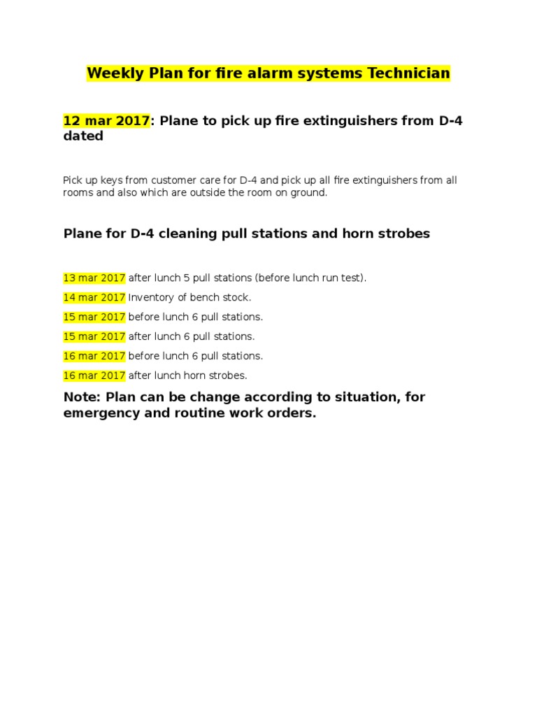 Weekly Plan For Fire Alarm Systems Technician | PDF | Career & Growth | Art