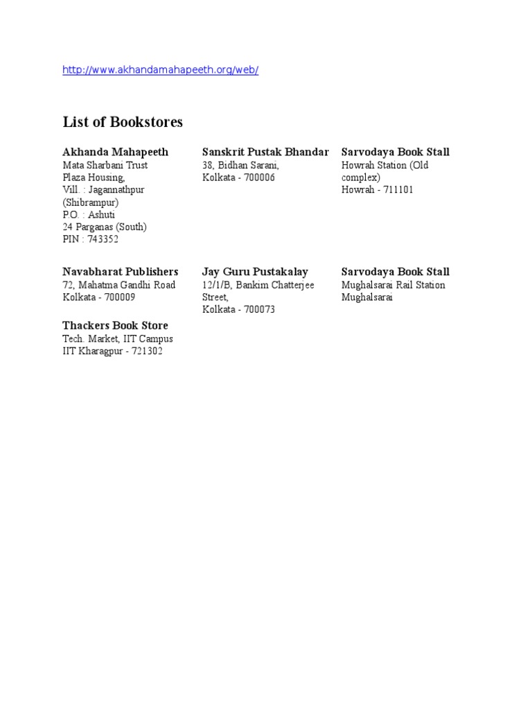 List of Bookstores: Akhanda Mahapeeth Sanskrit Pustak Bhandar Sarvodaya ...