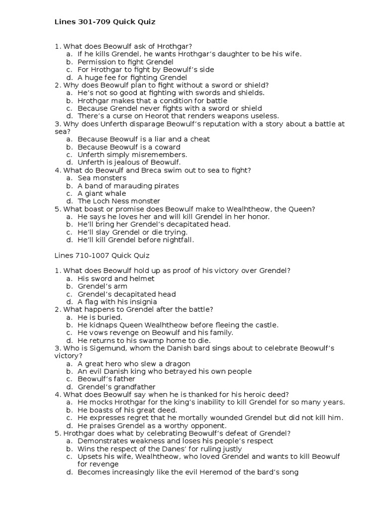 Lines 301-709 Quick Quiz | PDF | Beowulf | Germanic Mythology