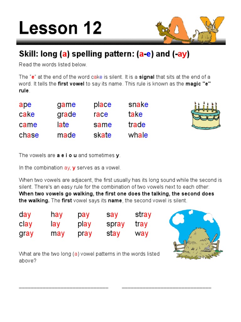 Long A Vowel Patterns: A-E and AY | PDF | Language Arts & Discipline