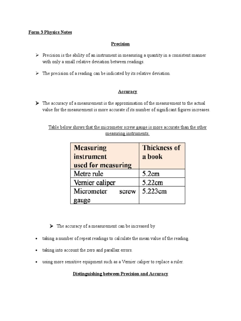 Form 3 Physics Notes Precision | PDF