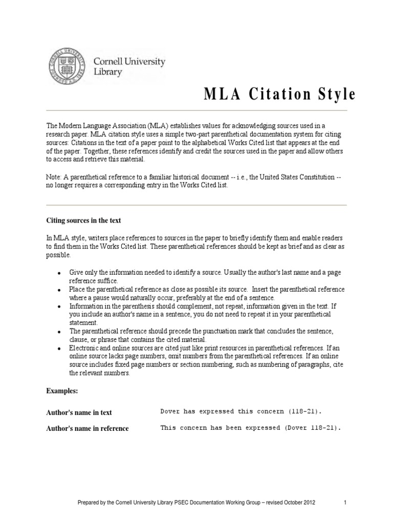 MLA Citation Style: Citing Sources in The Text | PDF | Citation ...