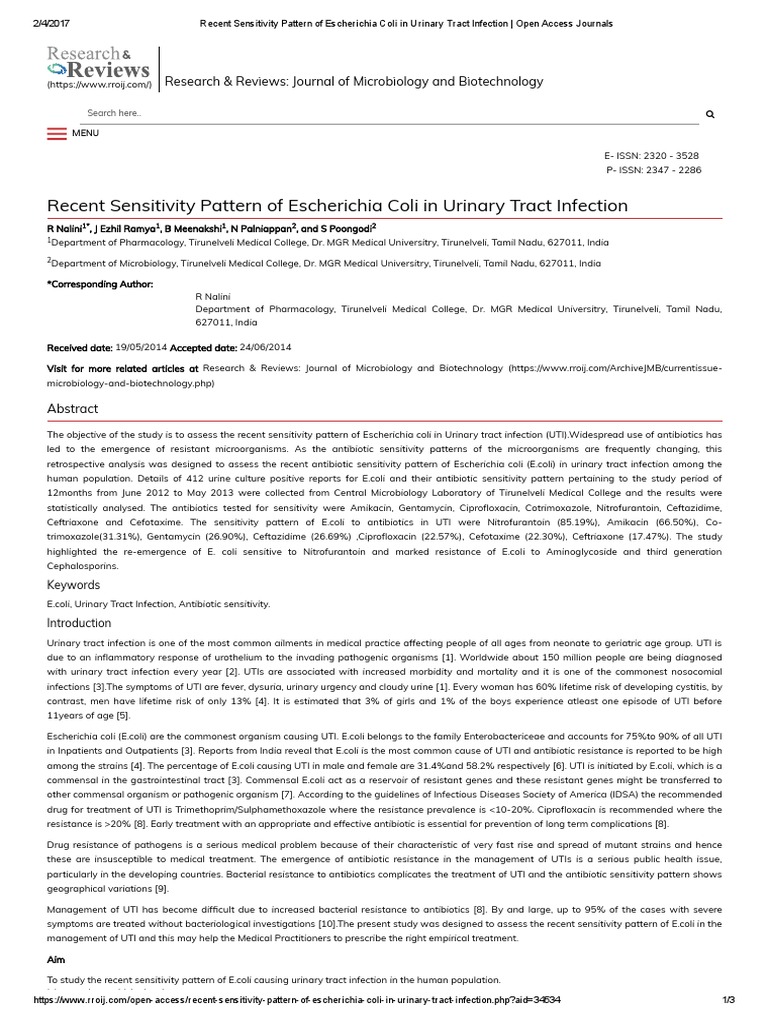 Recent Sensitivity Pattern of Escherichia Coli in Urinary Tract ...