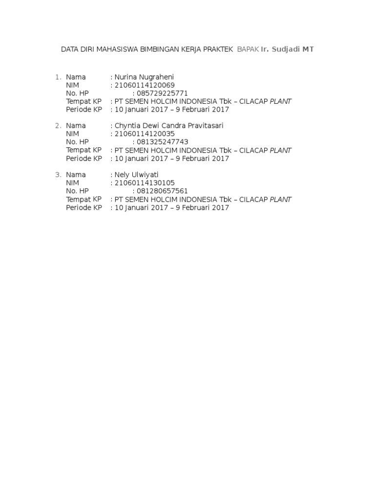 Data Diri Mahasiswa Bimbingan Kerja Praktek | PDF
