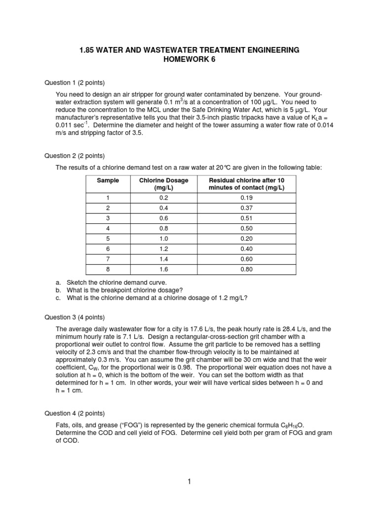 1.85 Water and Wastewater Treatment Engineering Homework 6 | PDF ...