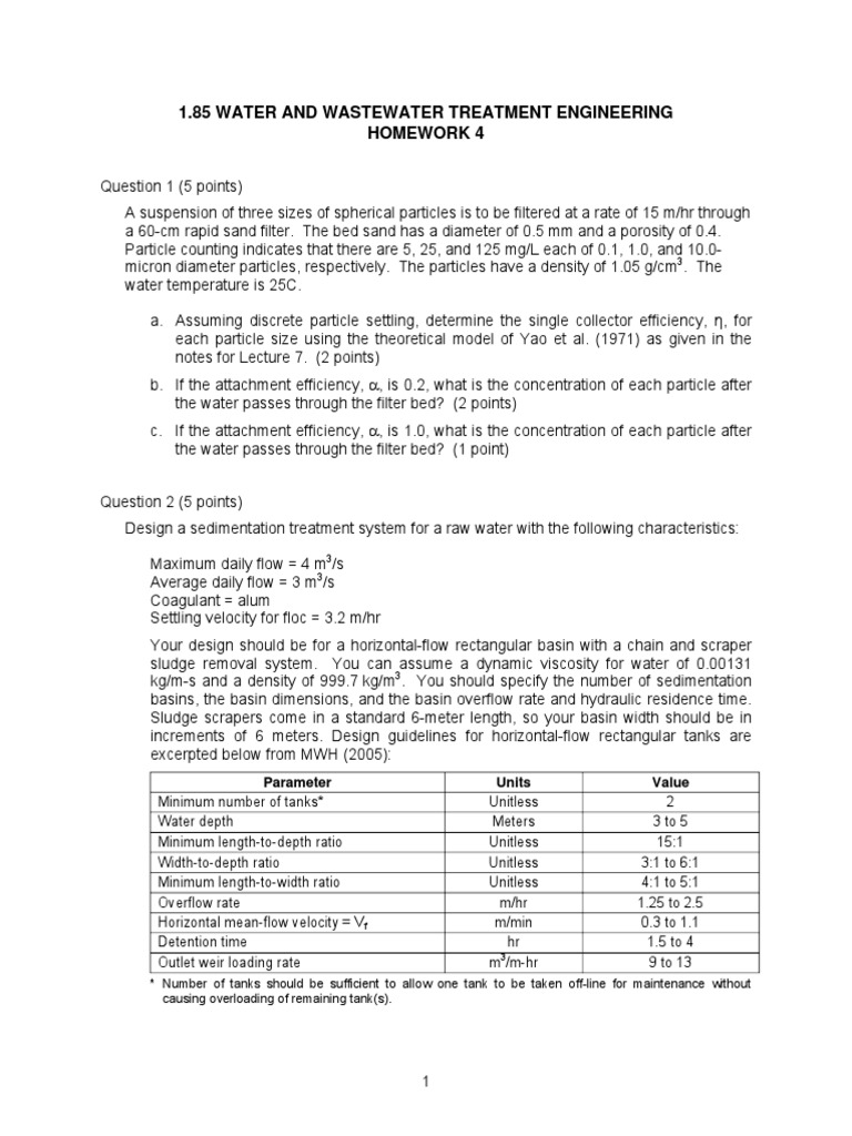1.85 Water and Wastewater Treatment Engineering Homework 4: Parameter ...