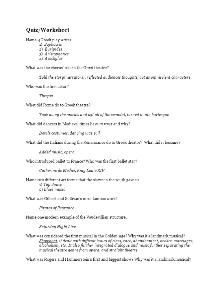 1 MusicalTheatreQuiz Worksheet | PDF | Musical Theatre | Theatre