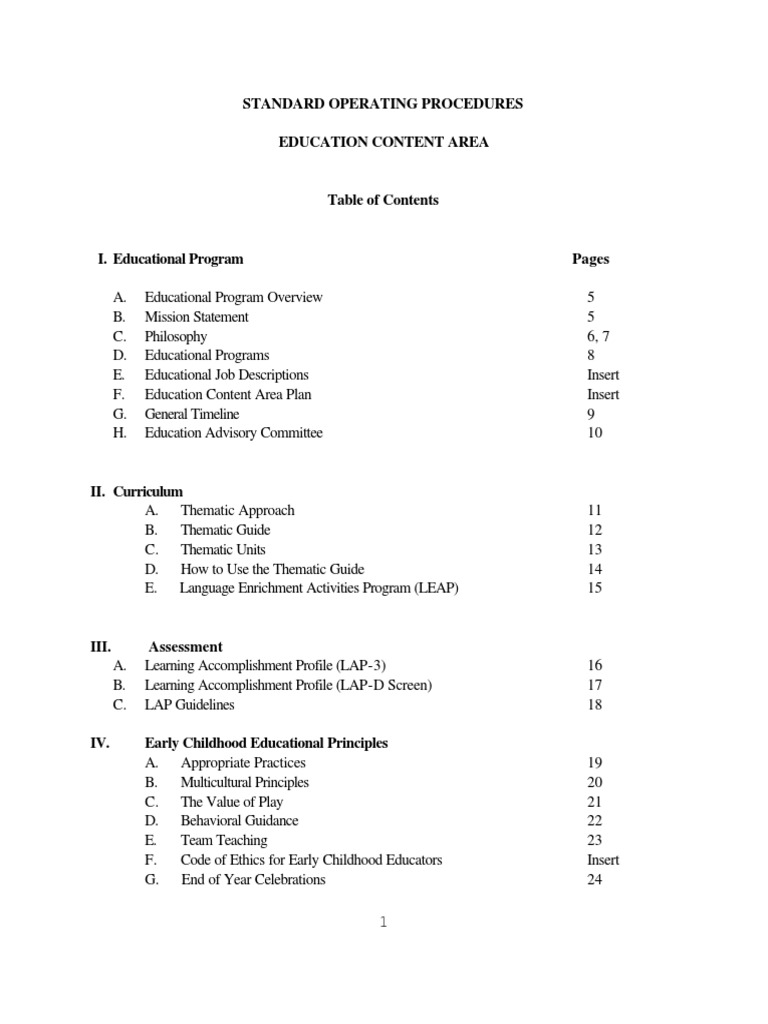Standard Operating Procedures-New | Early Childhood Education | Teachers