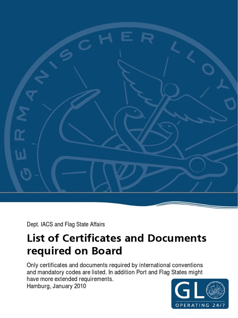 List of Statutory Certificates and Documents Required On Board Vessels ...