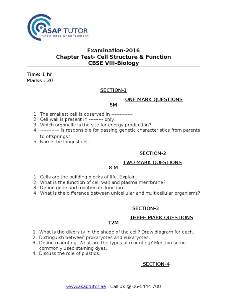Examination-2016 Chapter Test-Cell Structure & Function CBSE VIII ...