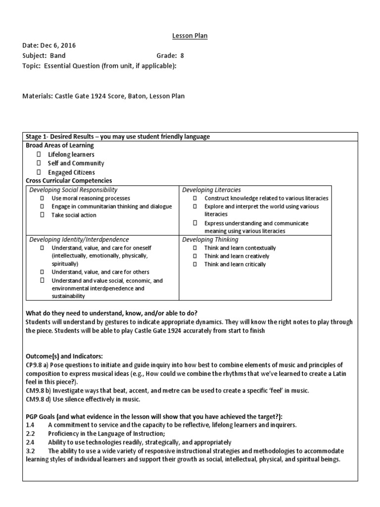 Lesson Plan Date: Dec 6, 2016 Subject: Band Grade: 8 Topic: Essential ...