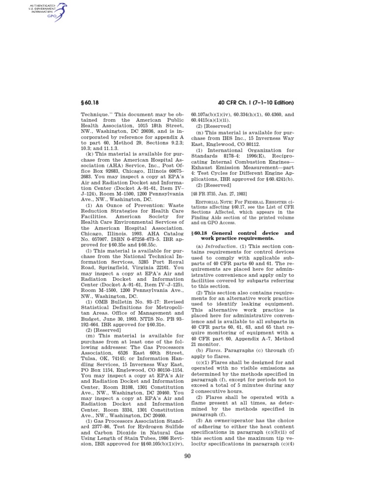 Control Device Requirements in 40 CFR 60.18 | PDF | Gases | Leak