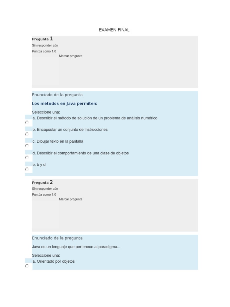 Examen Final de Java: Preguntas Clave | PDF | Algoritmos | Java (lenguaje de programación)