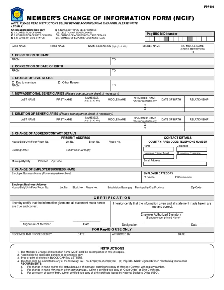 Member's Change of Information Form (Mcif) | PDF
