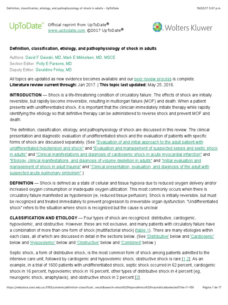 Definition Classification Etiology And Pathophysiology Of Shock In