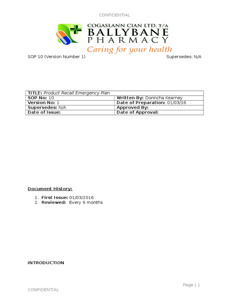 SOP 10 (Version Number 1) Supersedes: N/A: Confidential | PDF ...