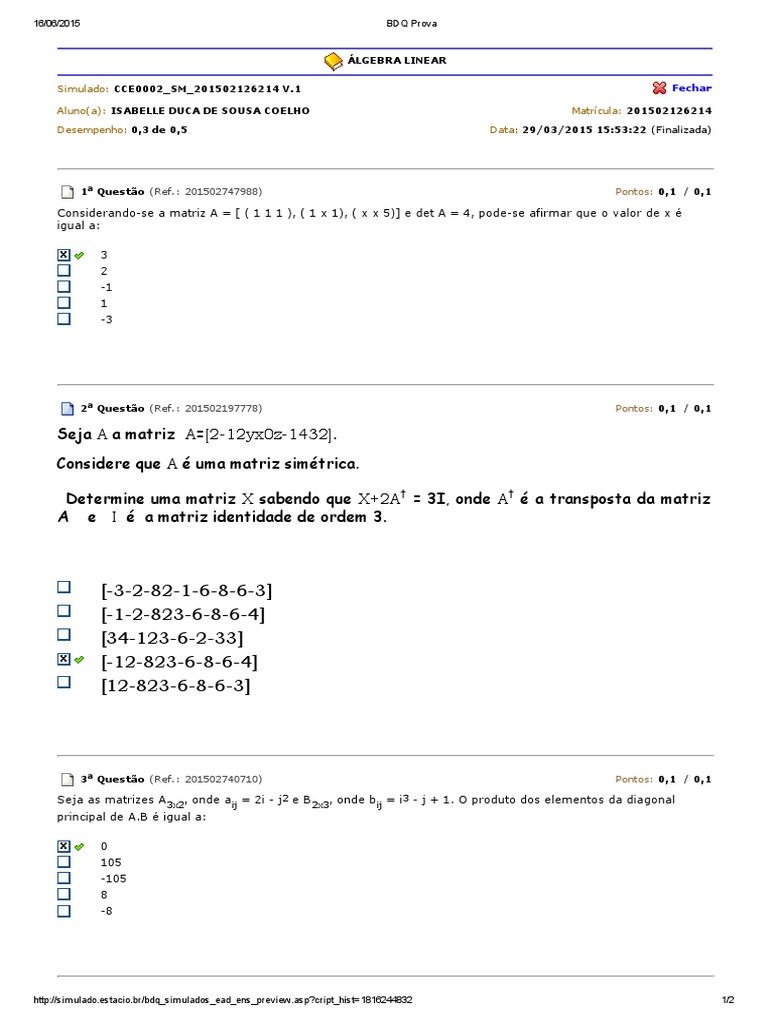 BDQ Prova 1 (Algebra Linear) | PDF | Determinante | Matriz (Matemática)
