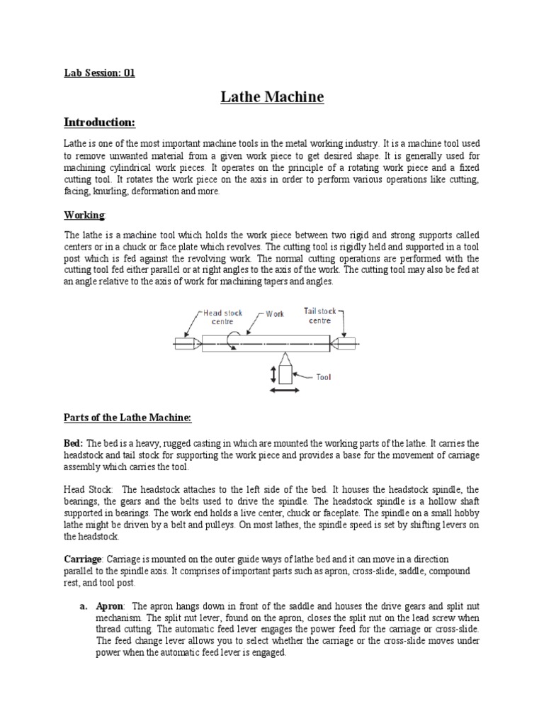 Lab Session Introduction To Lathe Machine | PDF | Industrial Processes ...