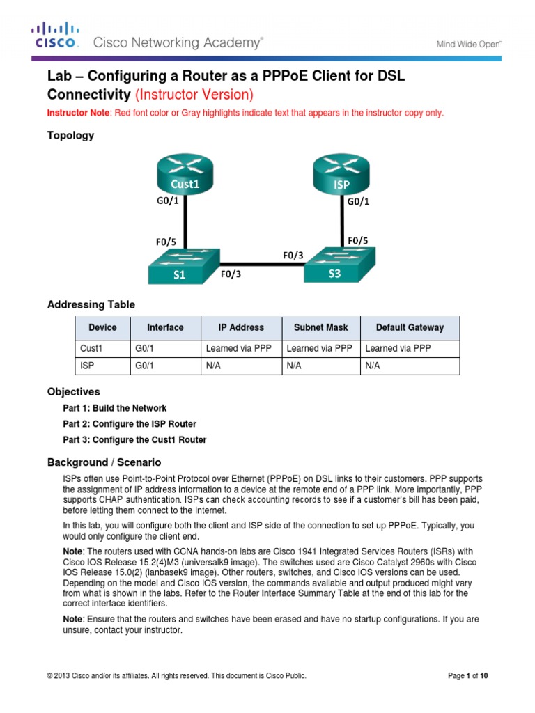 6.3.2.3 Lab - Configuring A Router As A PPPoE Client For DSL Connectivity - ILM PDF | PDF ...