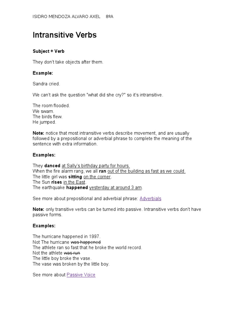Intransitive Verbs: Subject + Verb | PDF | Language Arts & Discipline