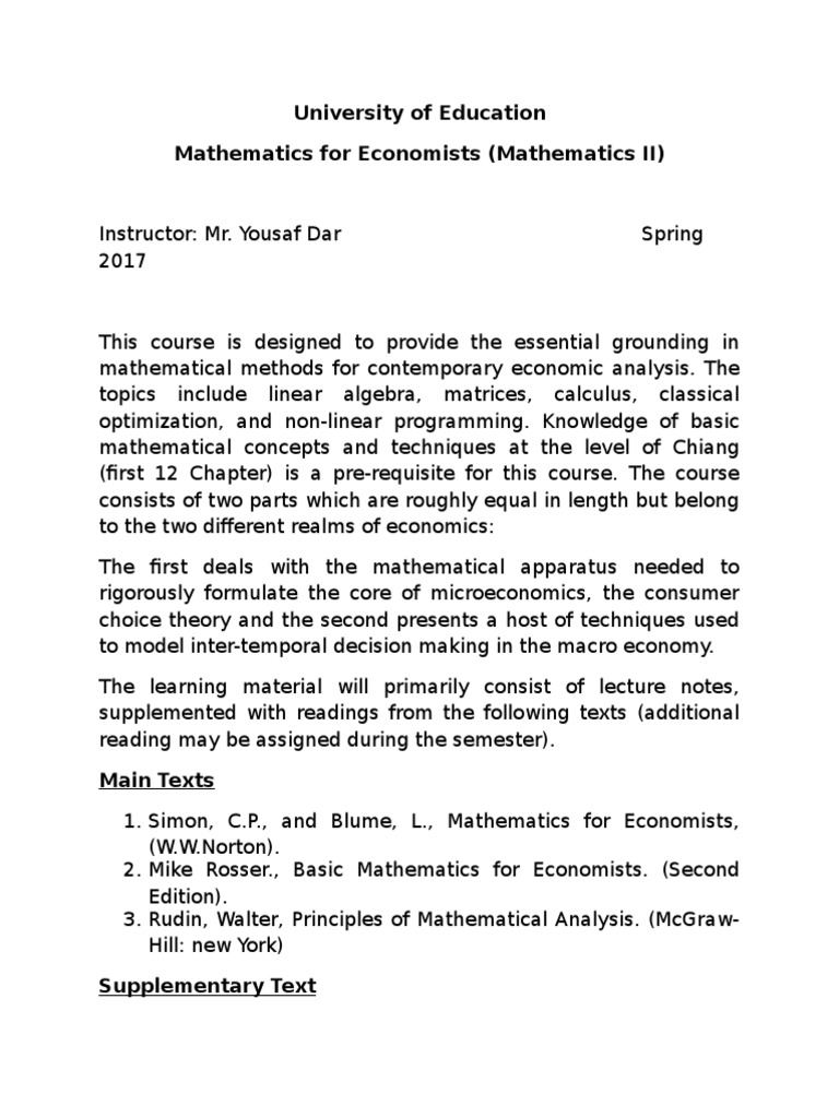 Maths Course Outline UOE | PDF | Mathematical Economics | Teaching ...