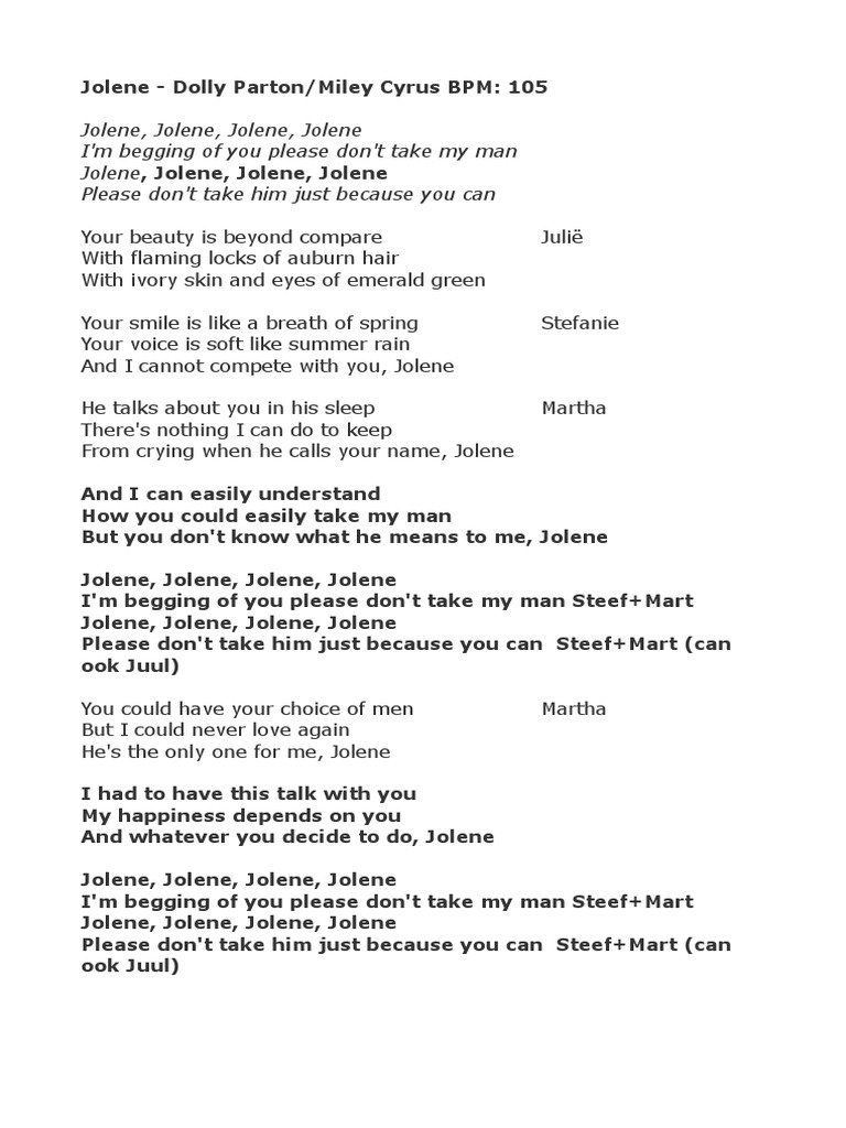 Jolene, Jolene, Jolene, Jolene I'm Begging of You Please Don't Take My ...